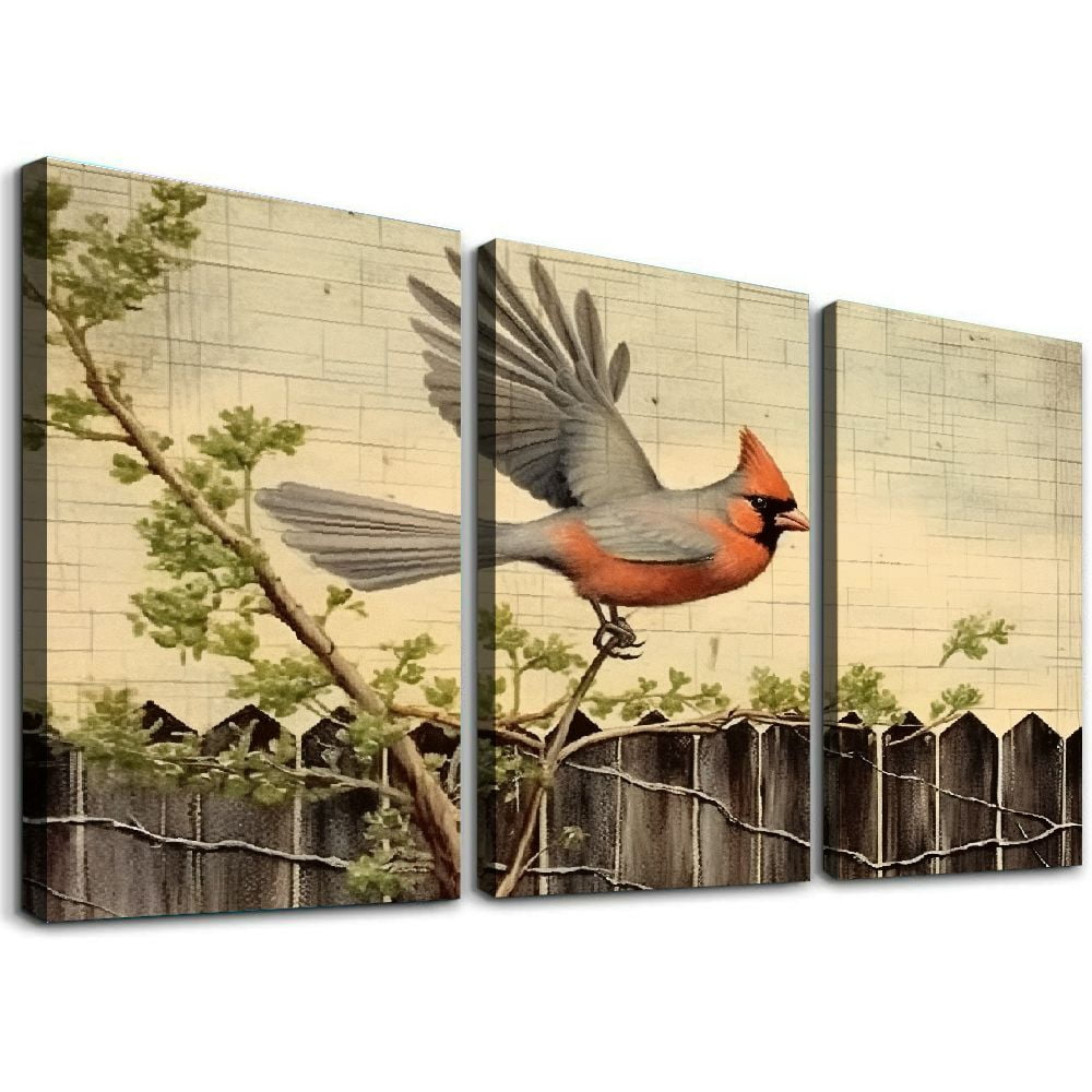 ONETECH Vintage Bird Wall Art Farmhouse Flower Red Bird Wall Decor ...