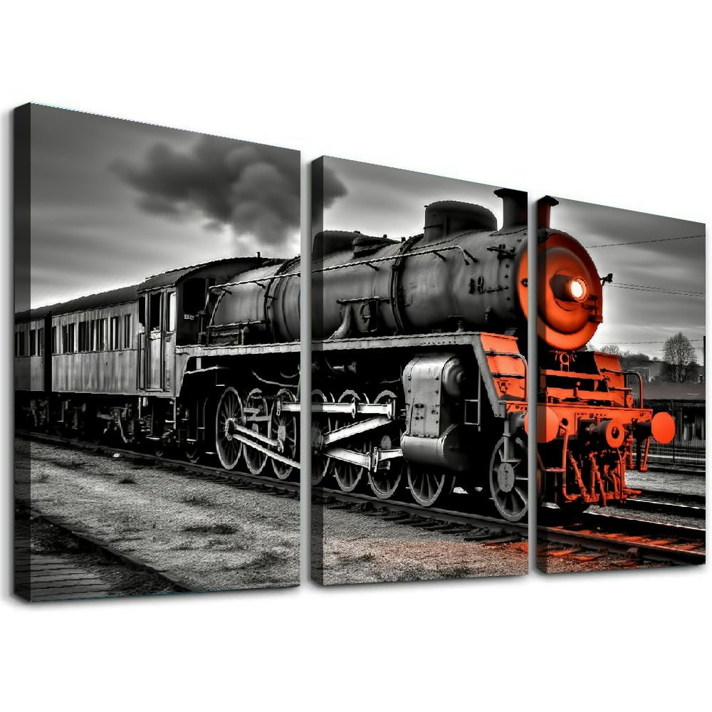 ONETECH Vintage Black and Orange Steam Train Locomotive Canvas Wall Art ...