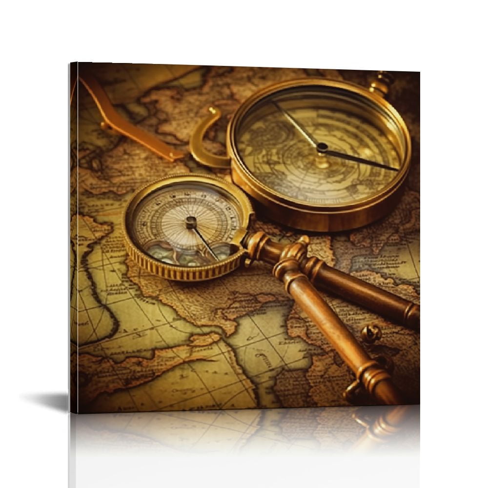 ONETECH Vintage Canvas Wall Art Retro Old Map Telescope Compass Candle ...