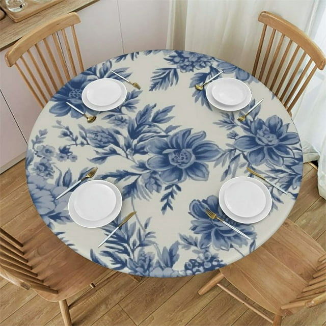 ONETECH Vintage Flower Round Table cover Beige and Blue Floral ...