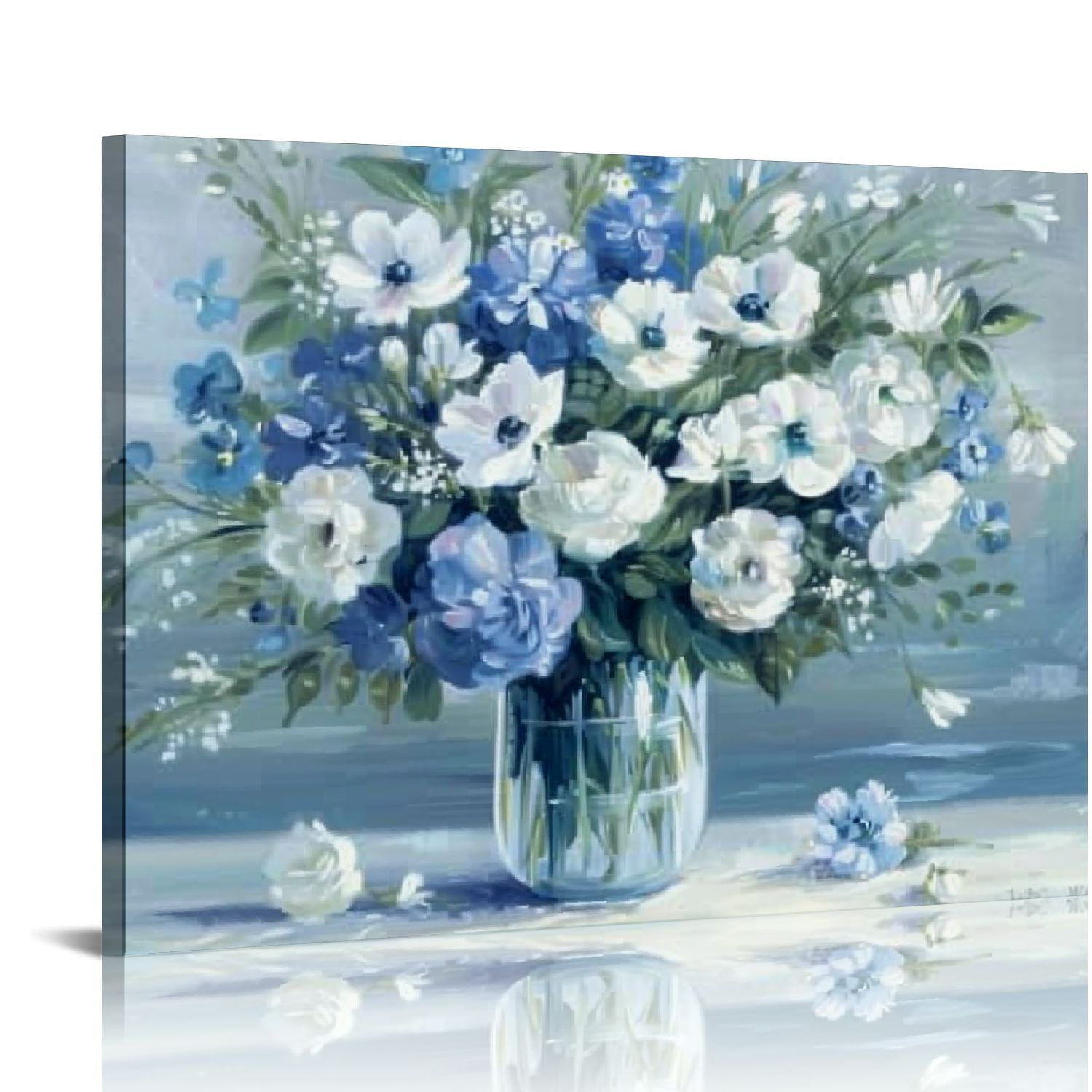 ONETECH Vintage Flowers Canvas Wall Art Blue White Blossom Canvas Retro ...