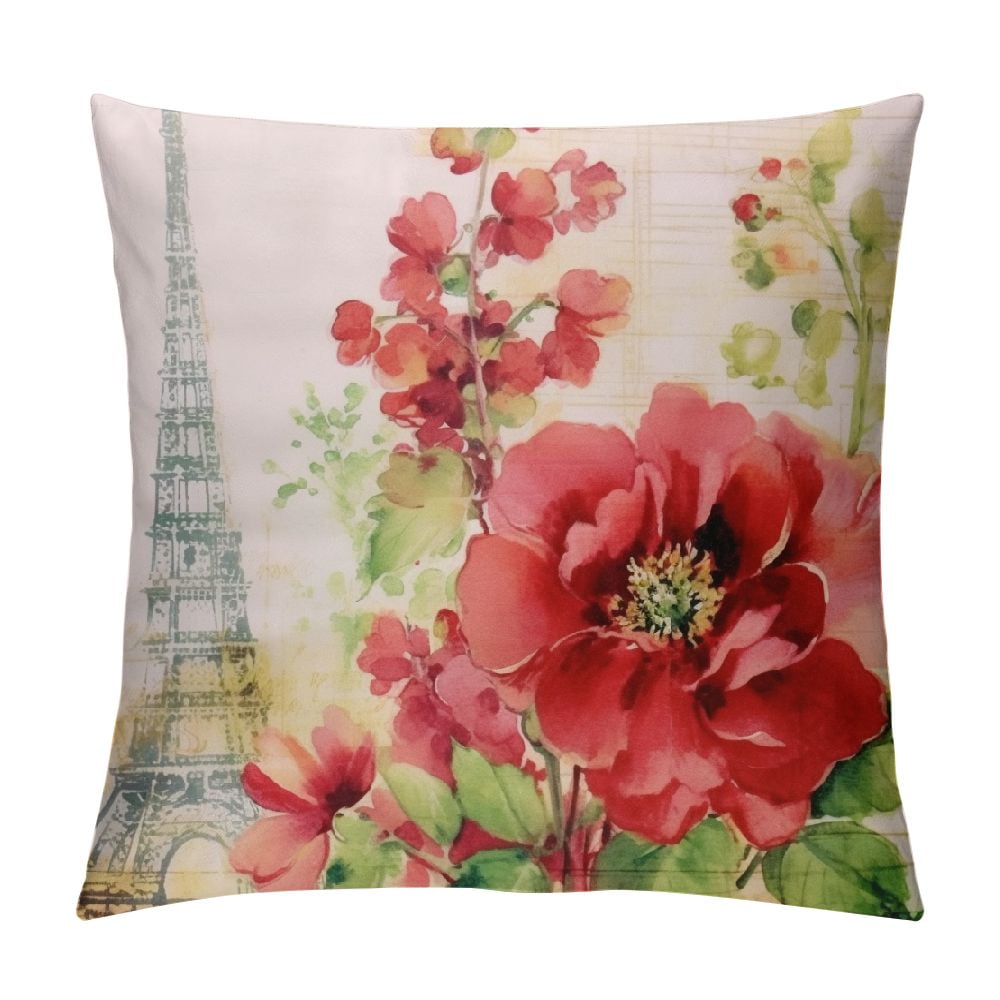 ONETECH Vintage French Flower Throw Pillow Case Rustic Red Roses Paris ...