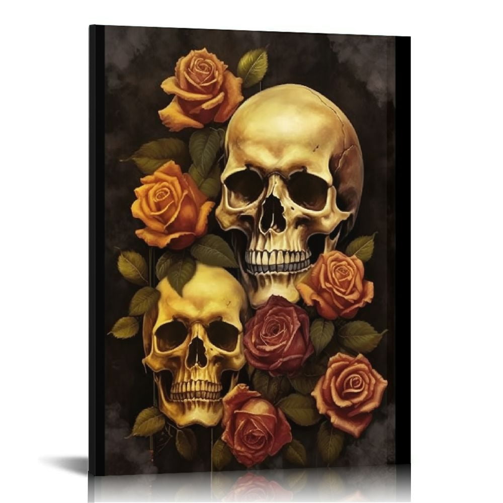 ONETECH Vintage Skull Canvas Wall Art Human Skeleton Yellow Rose Froal ...