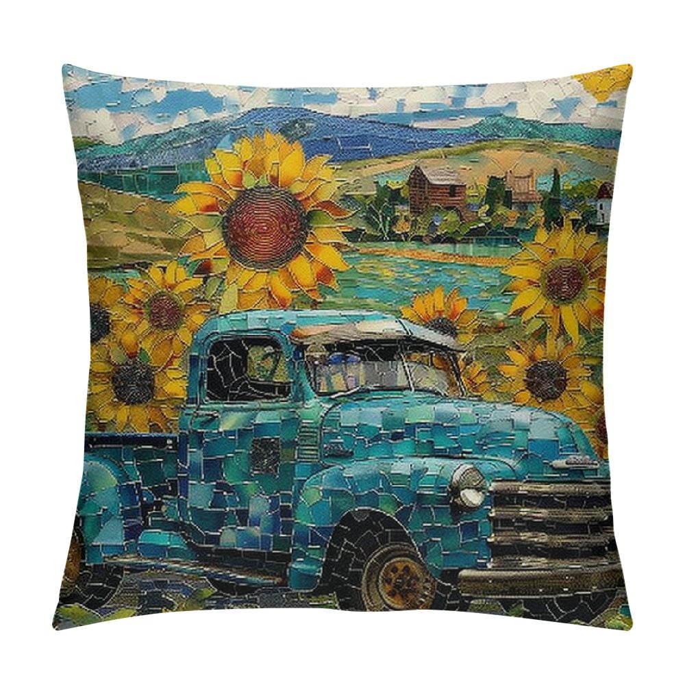 ONETECH Vintage Truck Throw Pillow Covers Abstract Sunflower Spring ...