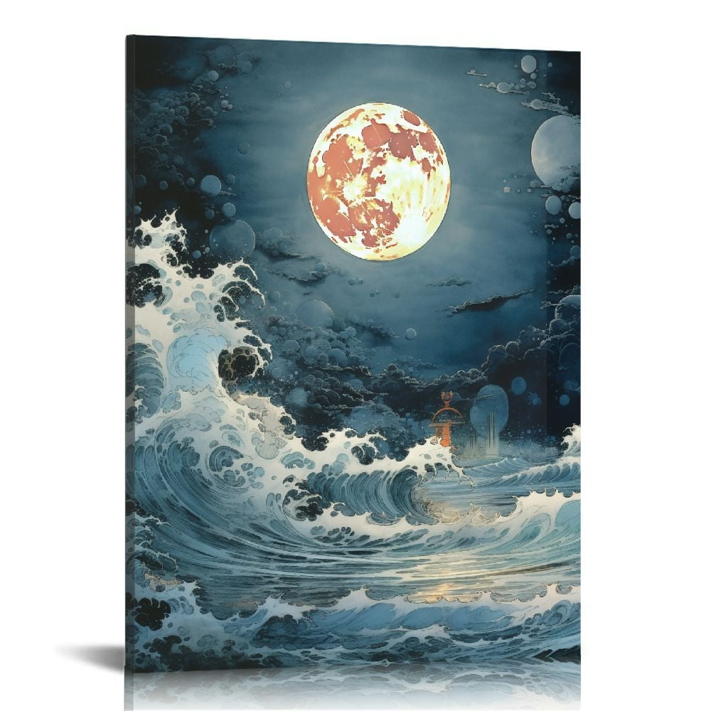 ONETECH Wall Art Canvas Prints Moon Sea Ocean Landscape Full Moon in ...
