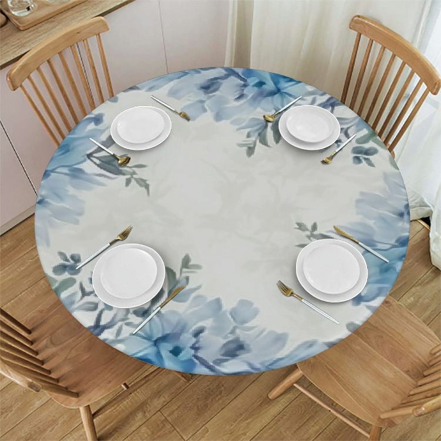 ONETECH Watercolor Blue Leaf Round Tablecloth Summer/Spring Flowers ...