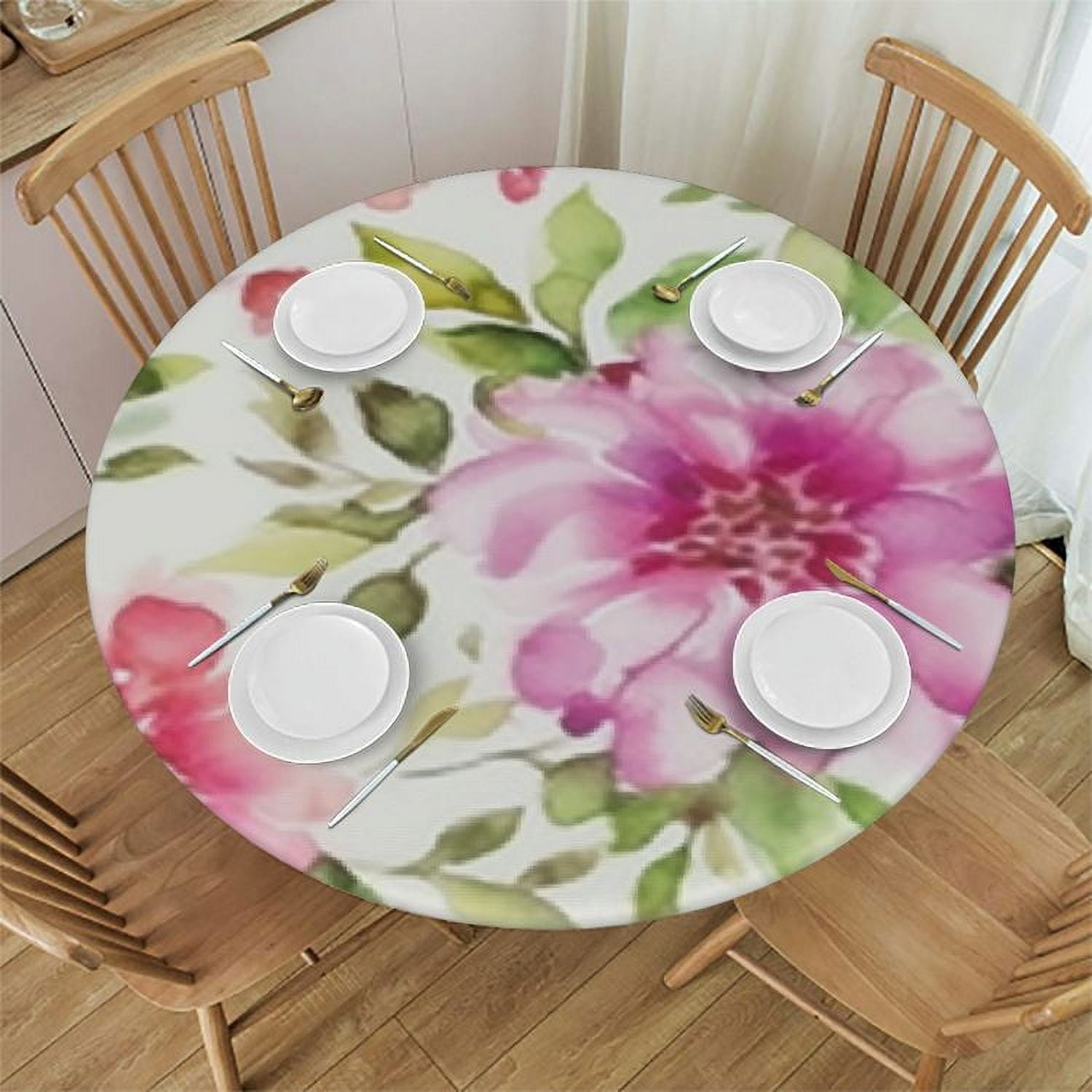 FUMJ Watercolor Floral Spring Pink Red Green Round Fitted Table Covers ...
