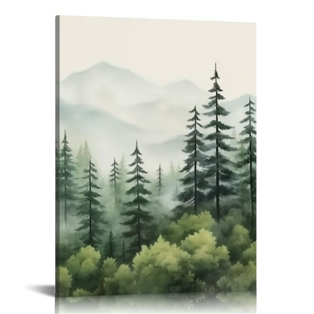 ONETECH Watercolor Mountain Range Framed Canvas Wall Art , Green Forest ...
