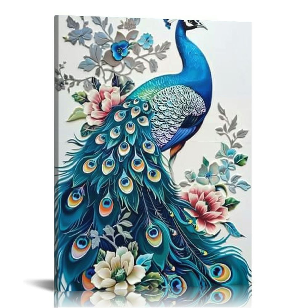 ONETECH White And Blue Floral Peacock Canvas Wall Art Aesthetic ...