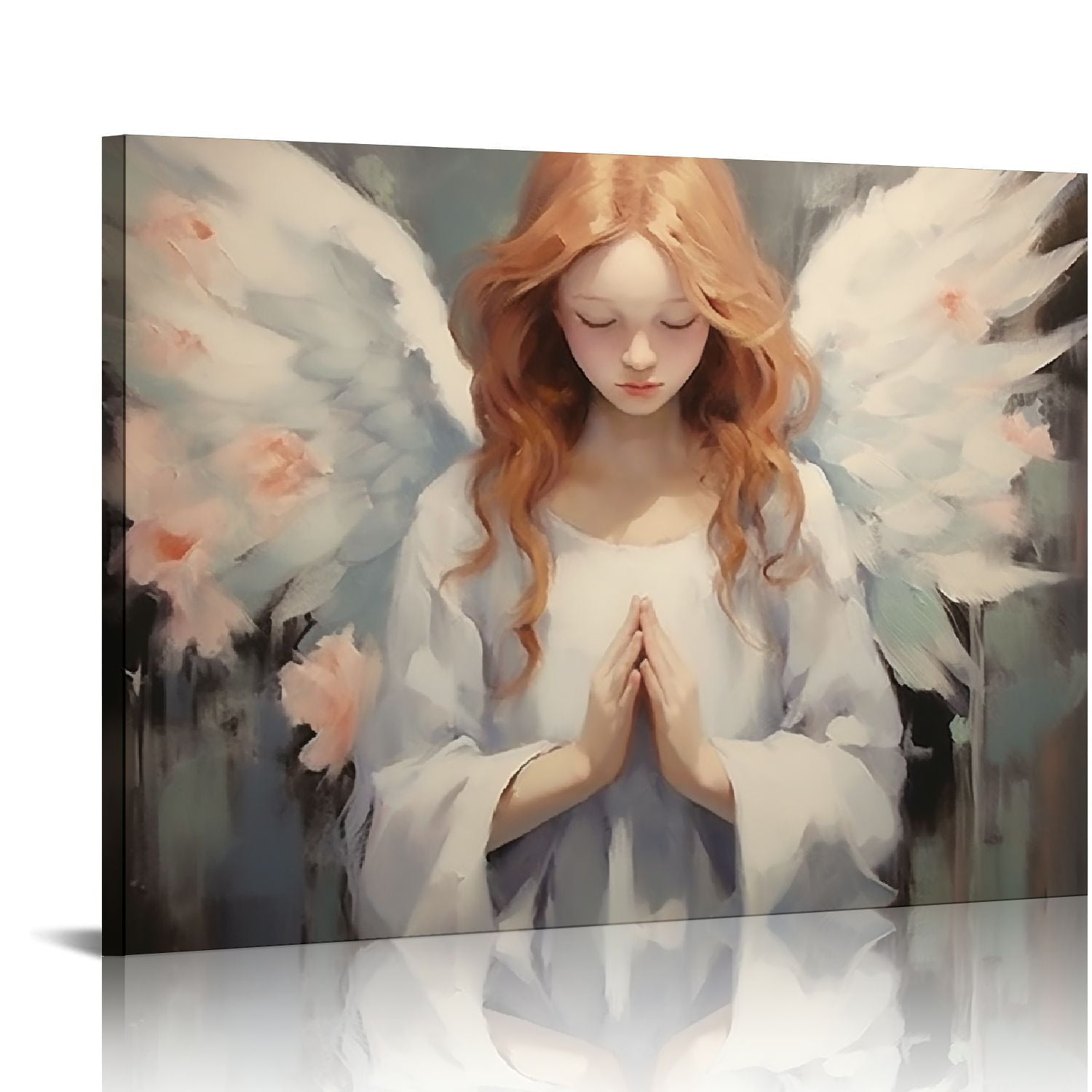 ONETECH White Angel Wings Canvas Wall Art Praying Woman Wall Decor Blue ...