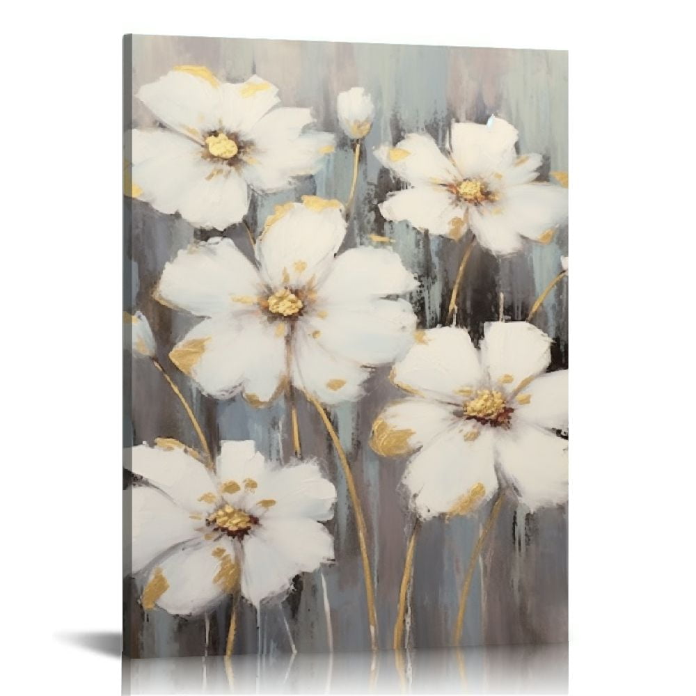 ONETECH White Flower Canvas Wall Art: Gold Floral Picture for Living ...