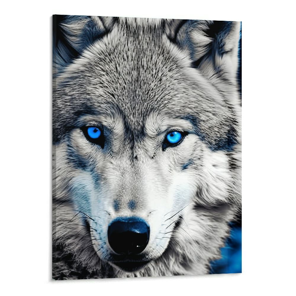 ONETECH Wildlife Canvas Wall Art, Black White Wolf with Blue Eyes ...