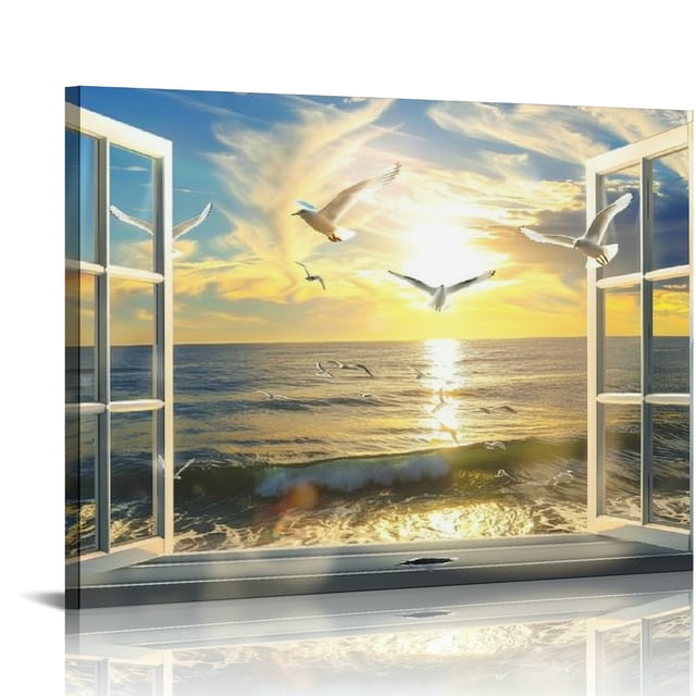 ONETECH Window Beach Picture Canvas Wall Art - Fake Window View Ocean ...