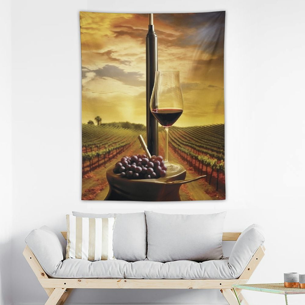 ONETECH Wine Tapestry, Red Wine Bottle and Glass on Wooden Cask ...