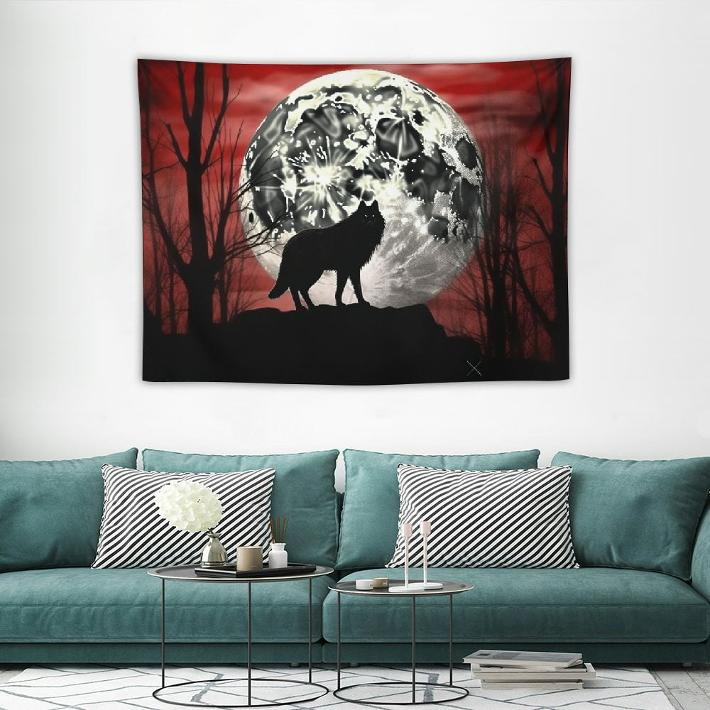 FUMJ Wolf Tapestry,Animal Print Scary Red Moon Night Wolf Howl in Misty ...