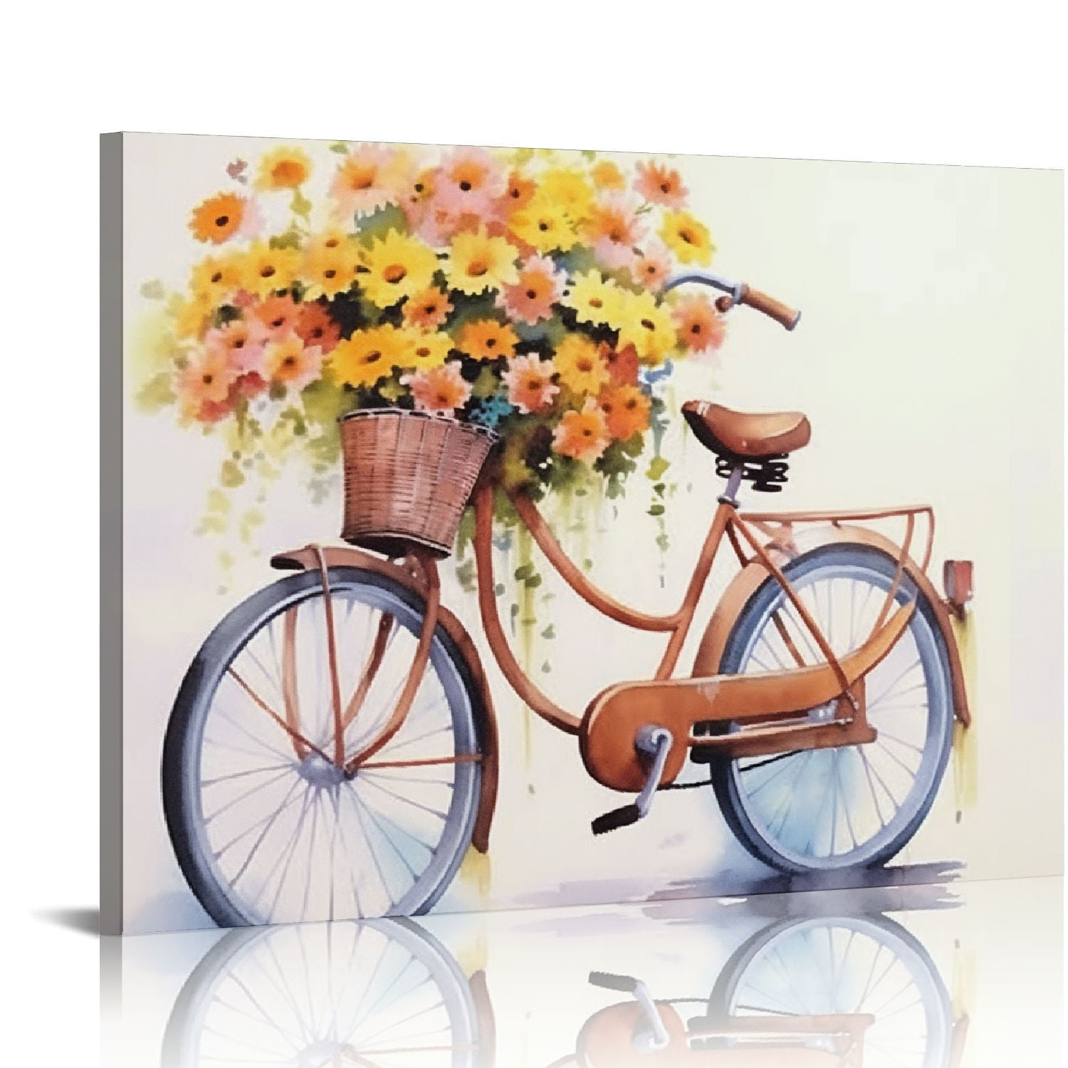 ONETECH Yellow Bicycle Flower Painting Wall Art Watercolor Abstract ...