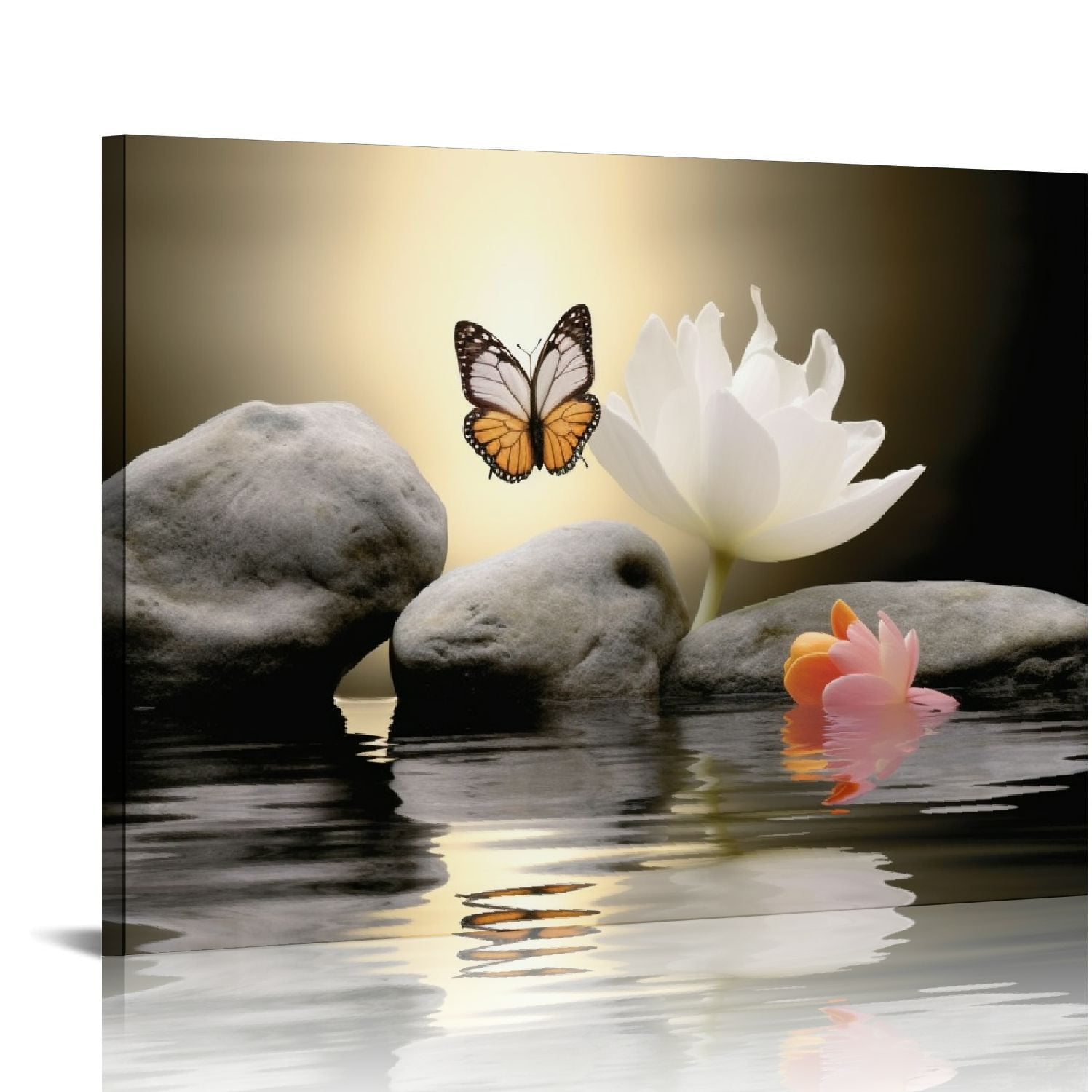 ONETECH Zen Stone Canvas Wall Art White Flower and Yellow Butterfly on ...