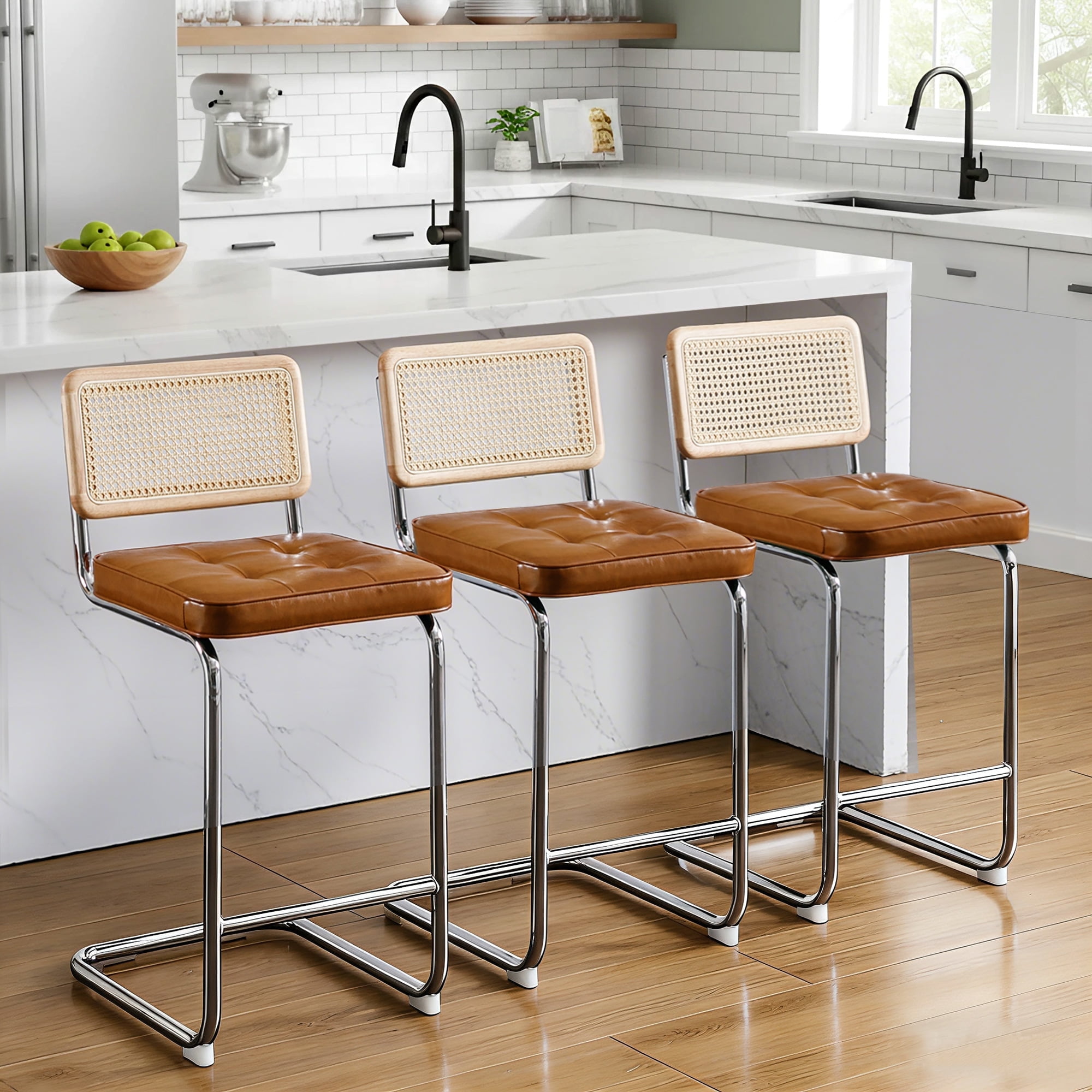 ONEVOG 25.6'' Natural Rattan Counter Bar Stools Set of 3, Cantilever ...