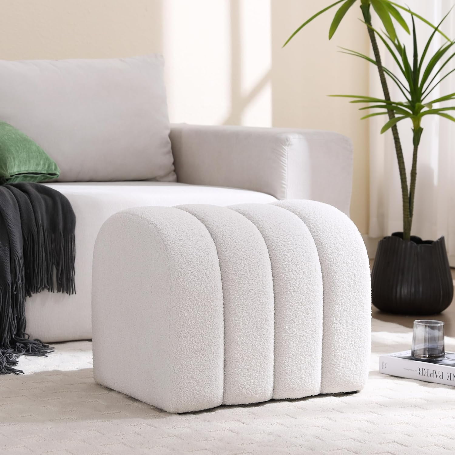 ONEVOG White Pouf Ottoman Stuffed, Sherpa Ottoman Bench for Couch 20 ...