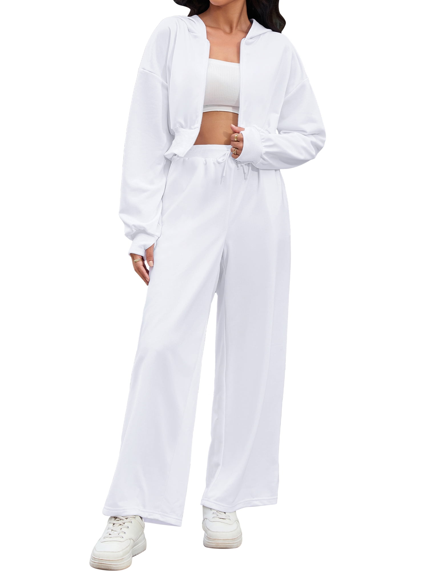 ATHLECHIC Women's Tracksuits 2 Piece Outfits Casual Cropped Hoodie Wide ...