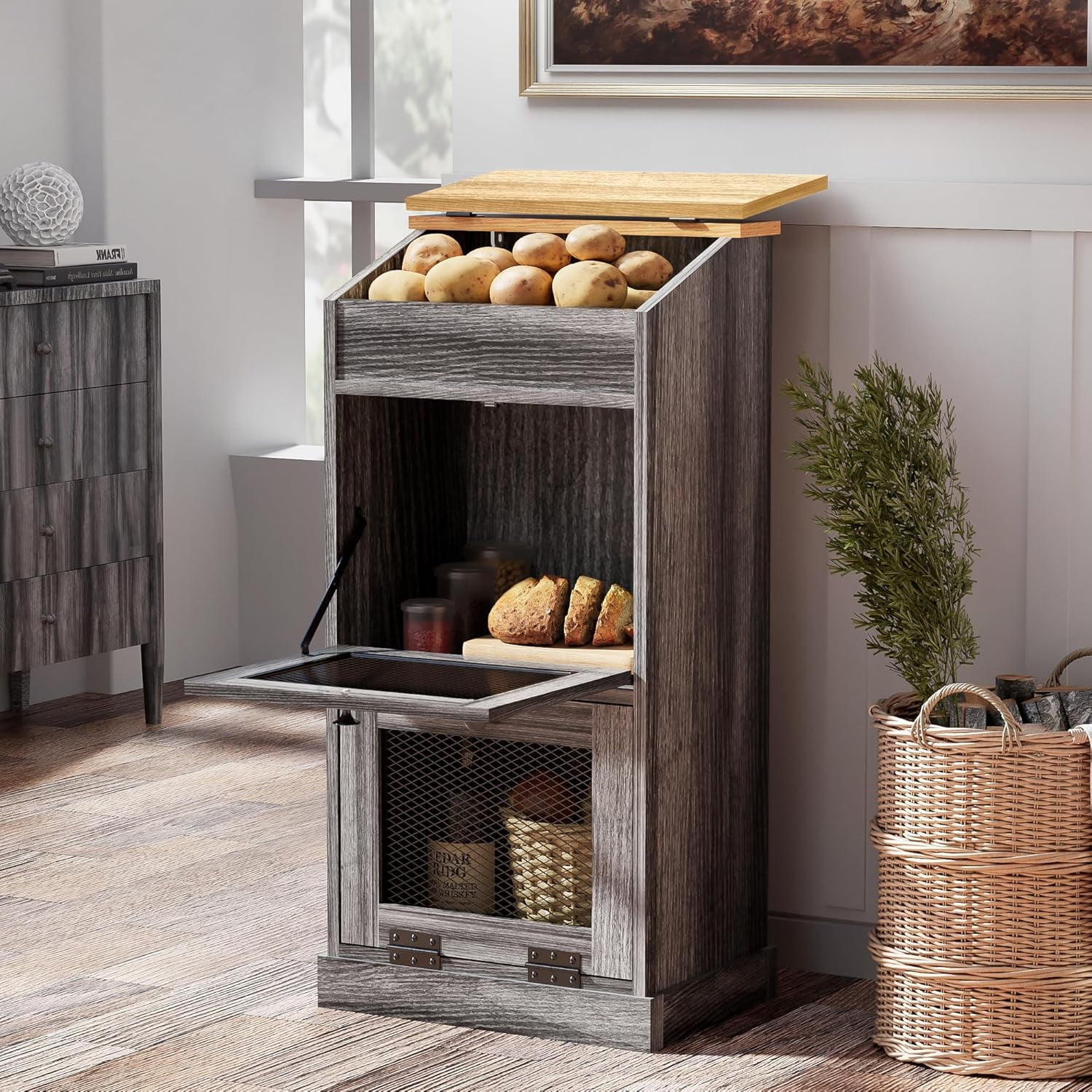 ONG Potato Storage Wood Bin, Wooden Bread Storage Bins, Decorative ...