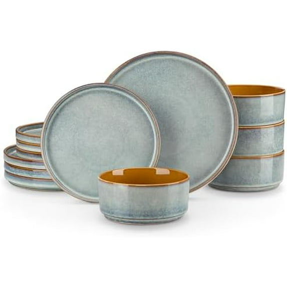 ONION Ceramic Plates and Bowls Sets, 12 Pieces Light Blue Dinnerware ...
