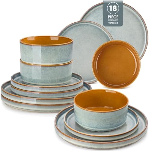 ONION Ceramic Plates and Bowls Sets, 18 Pieces Light Blue Dinnerware ...