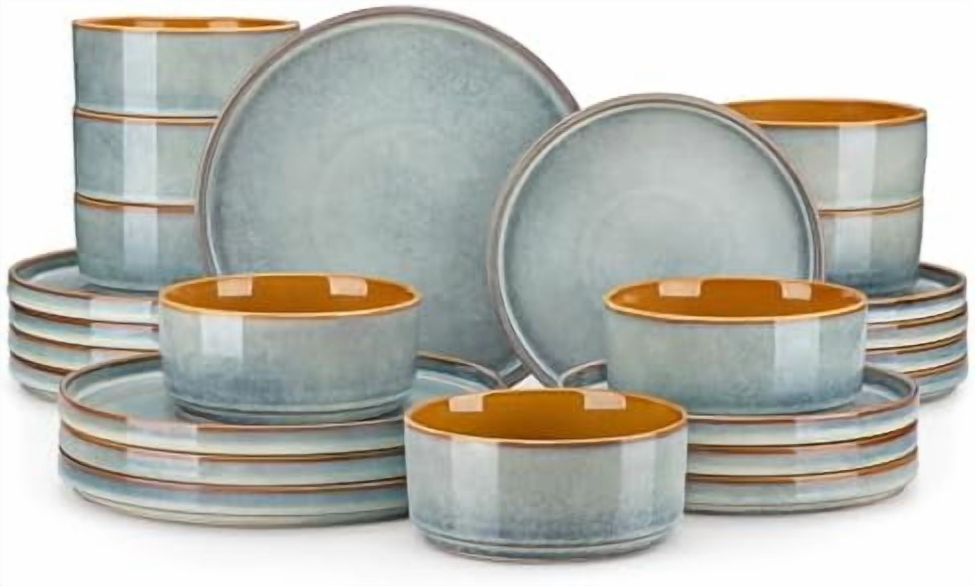 ONION Ceramic Plates and Bowls Sets, 24 Pieces Light Blue Dinnerware ...