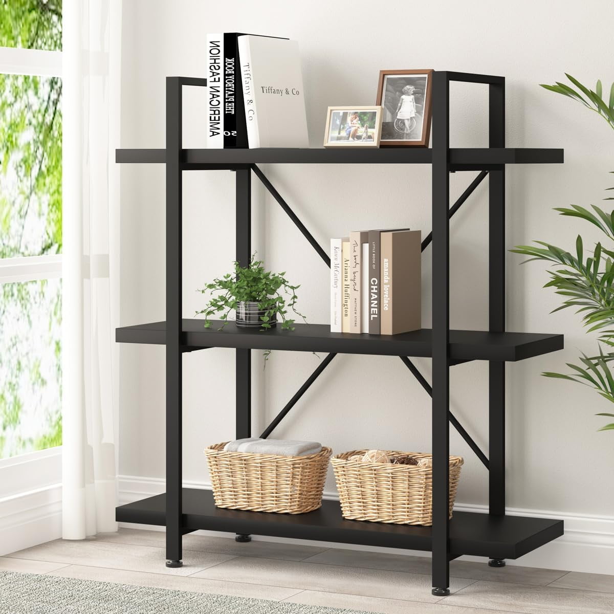 ONKER 3 Tier Black Bookshelf, Industrial Small Metal Wooden Storage ...