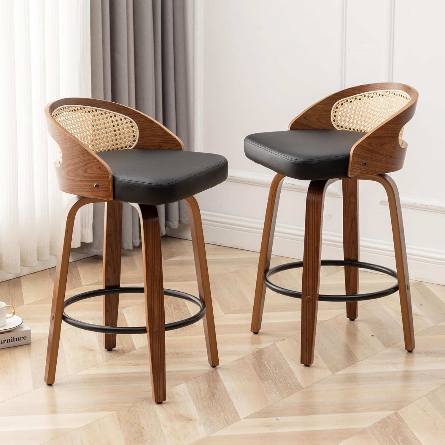 ONKER 30" Swivel Rattan Bar Stools Set of 2,Mid-Century Modern Black Faux Leather Upholstered ...