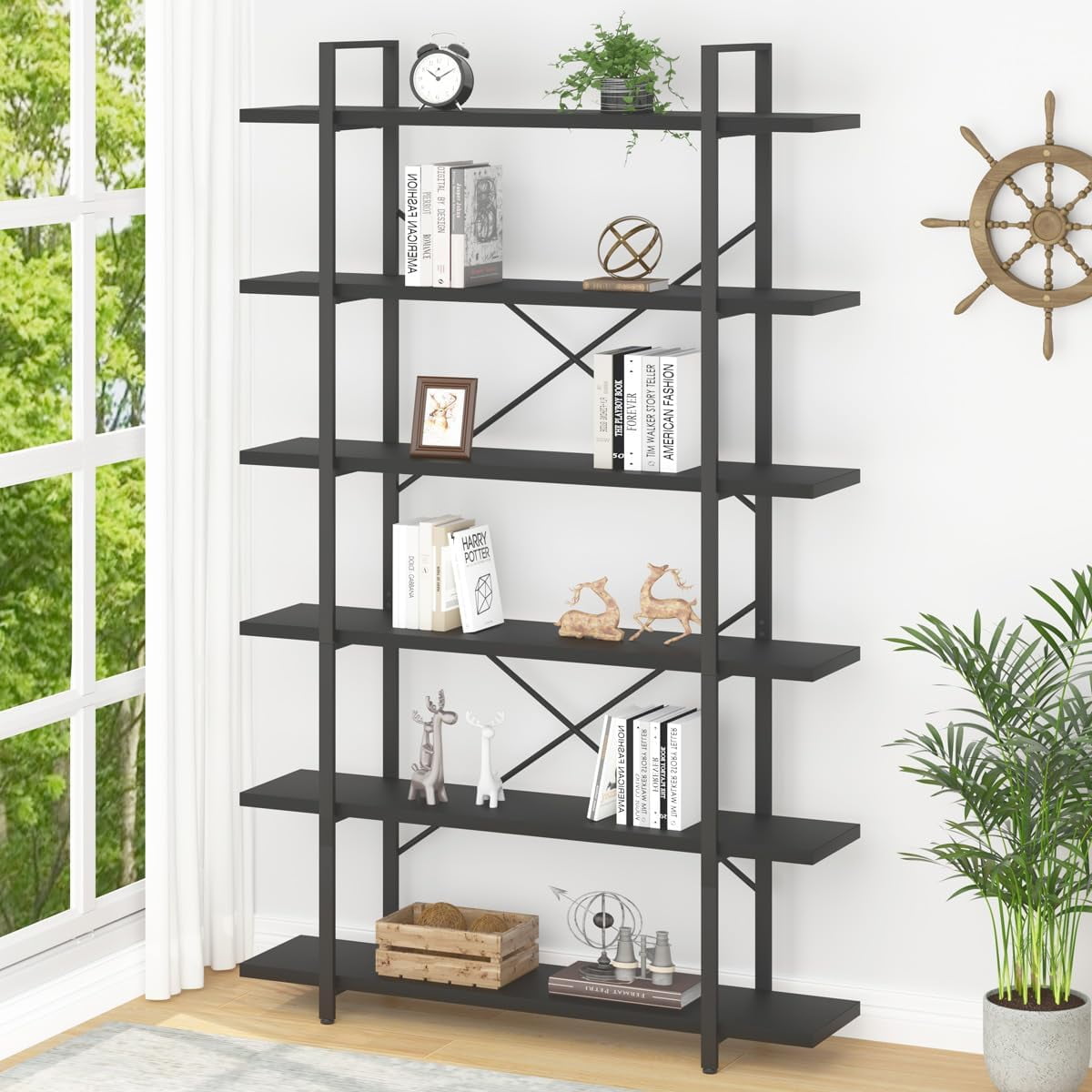 ONKER 6 Tier Tall Black Bookshelf, Modern Large Storage Book Shelves ...
