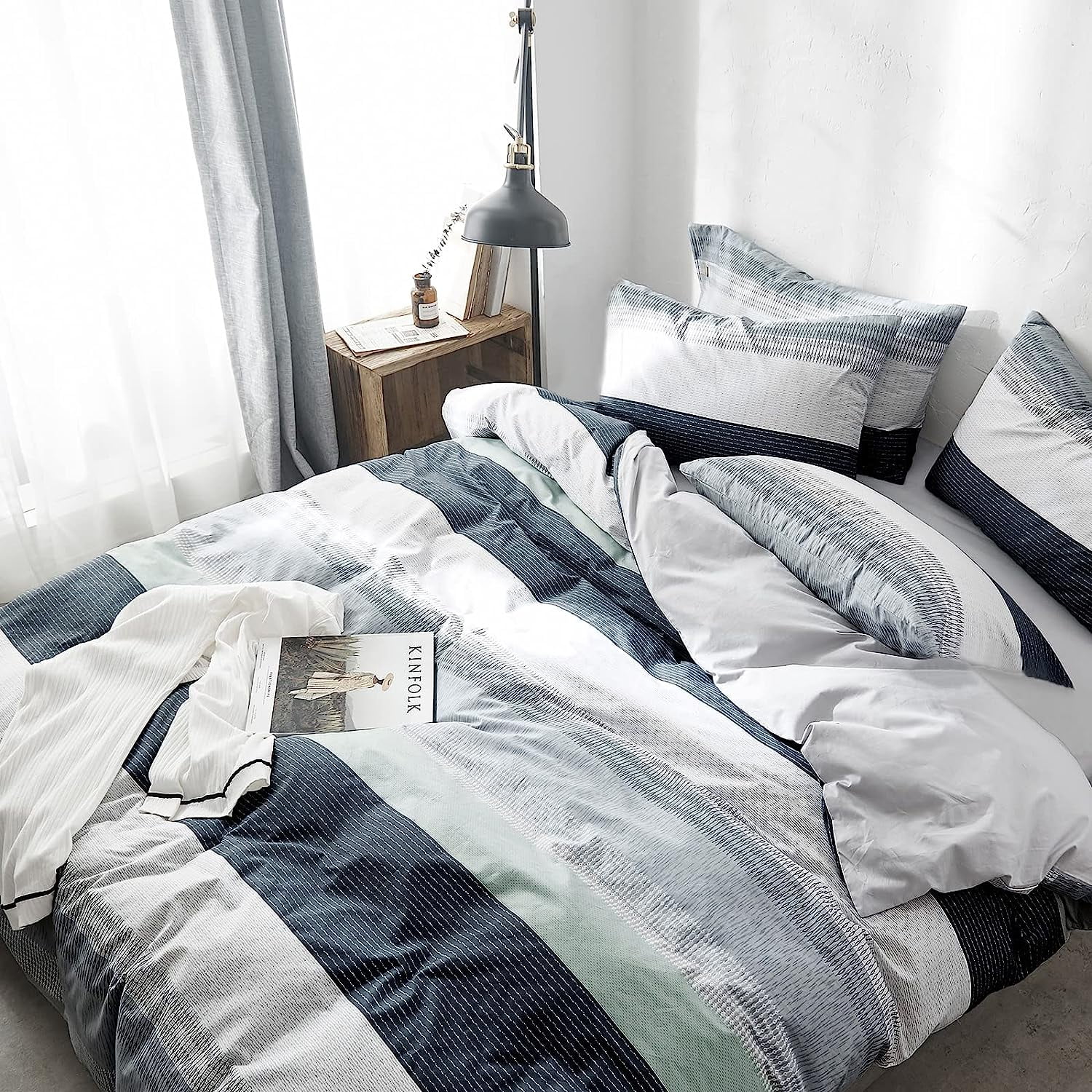 ONKER Bedding Striped Duvet Cover Queen,3 Pieces Blue Gray Duvet Cover ...
