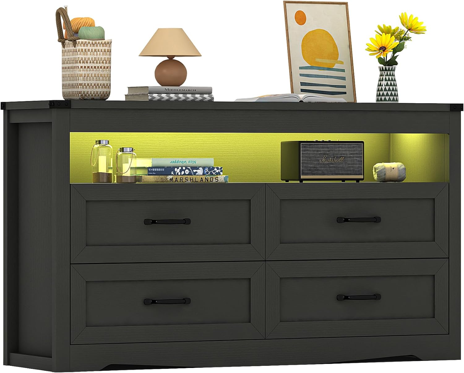 ONKER Black Dresser for Bedroom with LED Lights, Modern Black Dressers ...