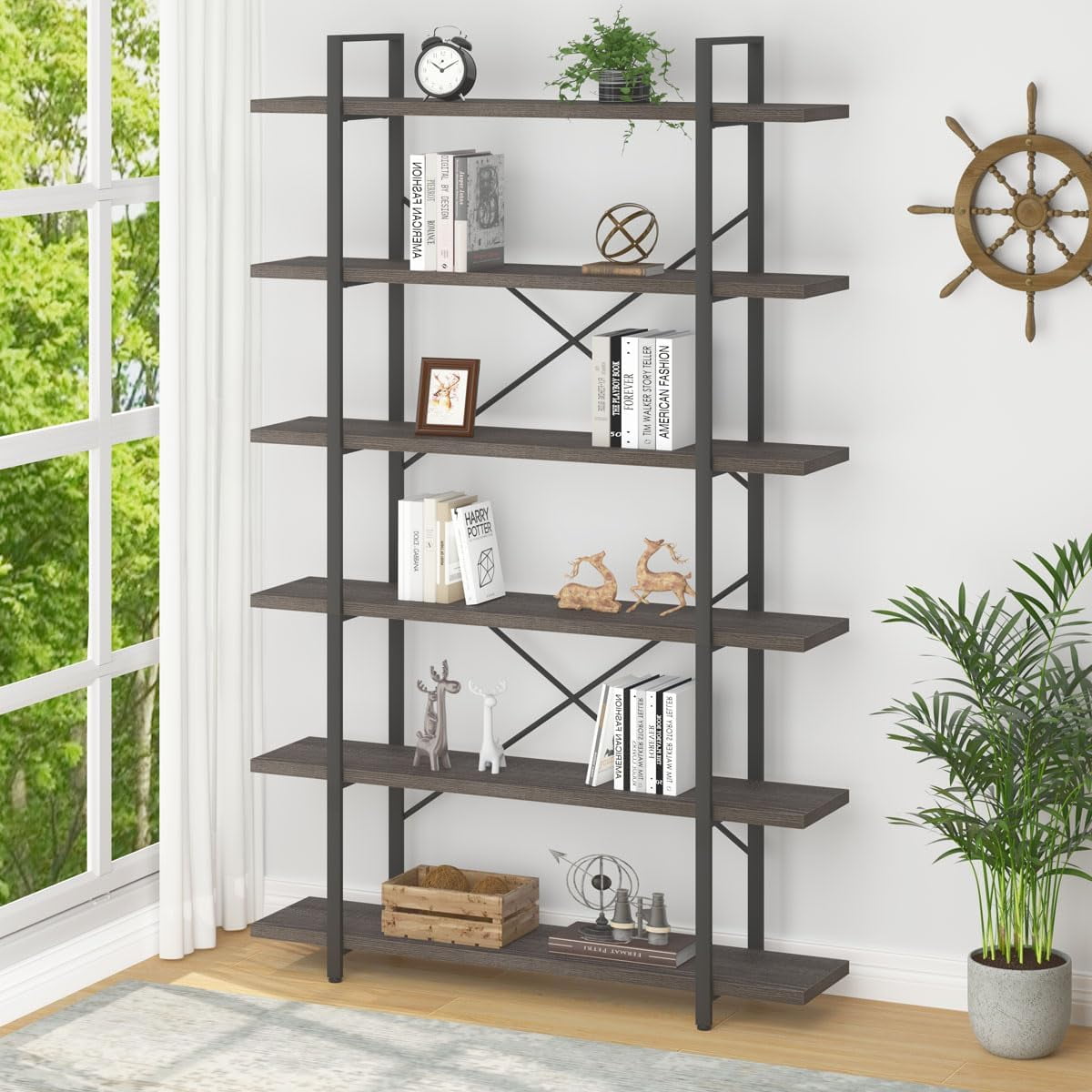 ONKER Industrial Tall Bookshelf,Large Vertical Wood and Metal 6 Tier ...