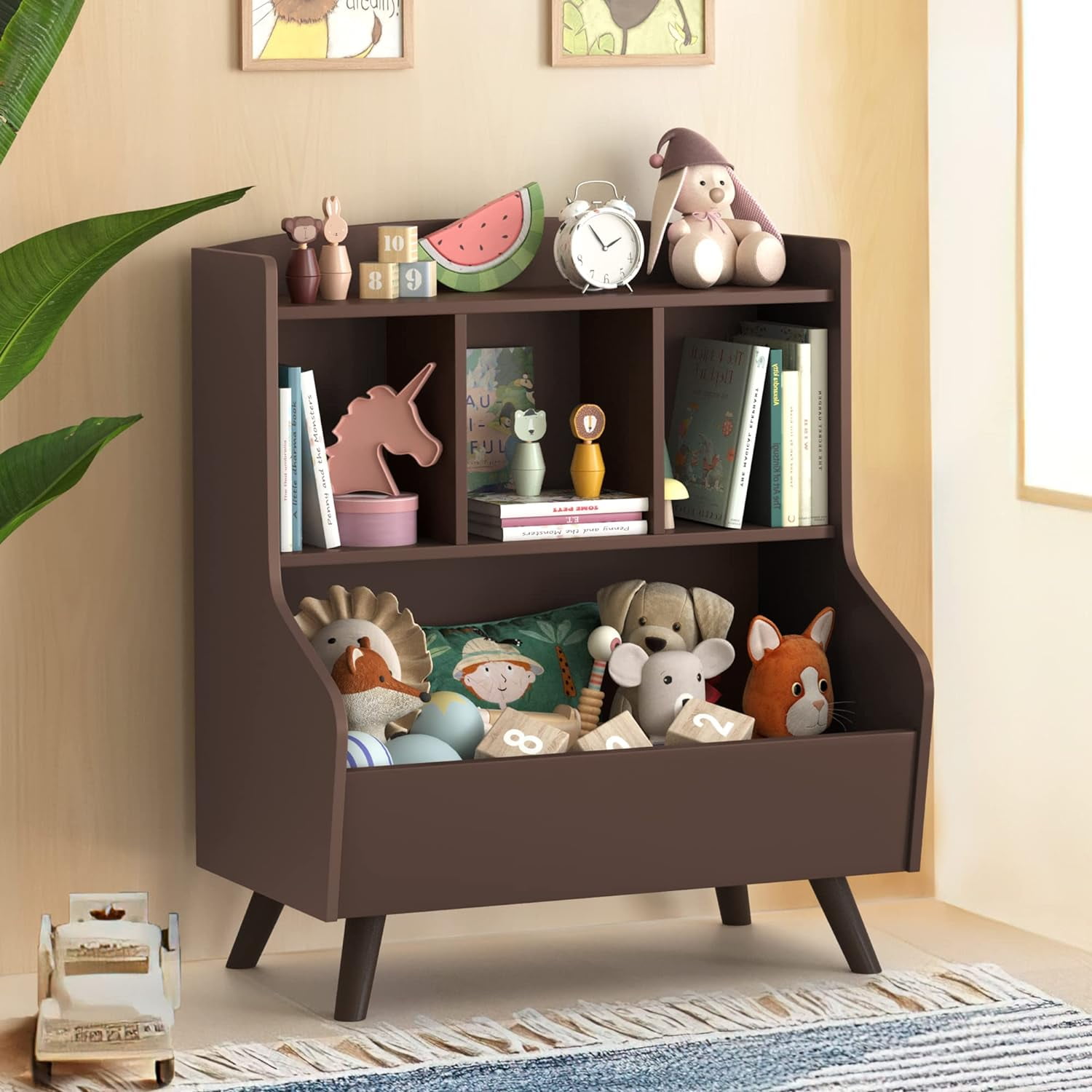 ONKER Kids Bookshelf and Toy Storage, 3-Tier Wooden Open Bookcase, Baby ...