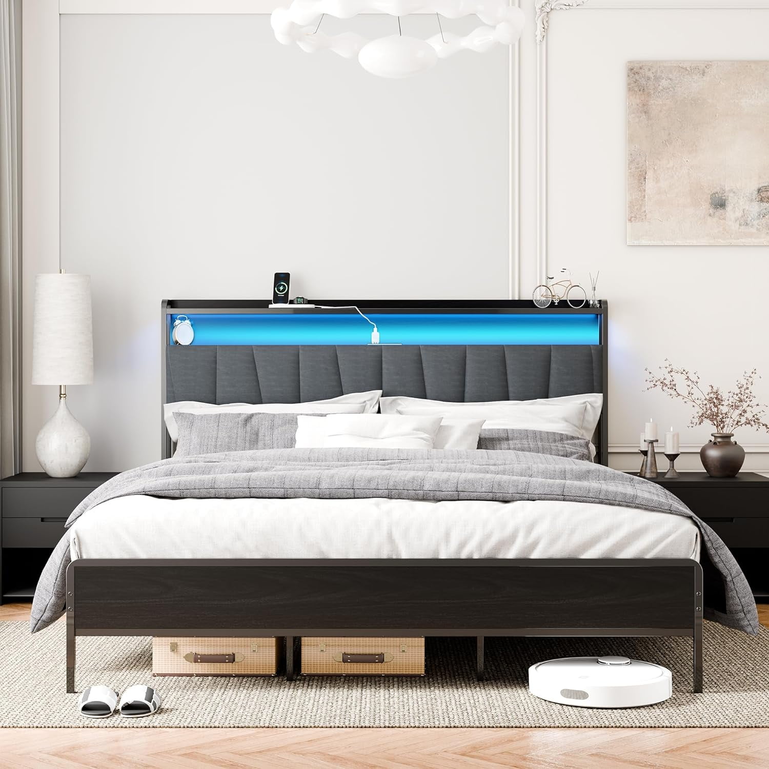 ONKER King Bed Frame with Led Light, Metal Platform Bed with Charging ...