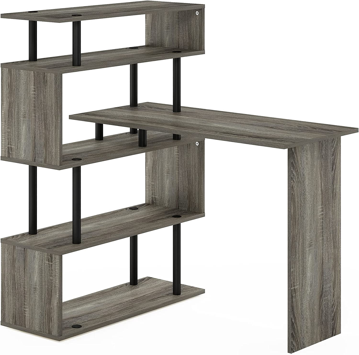 ONKER Moore L-Shape Computer Desk with 5-Tier Shelves, French Oak ...