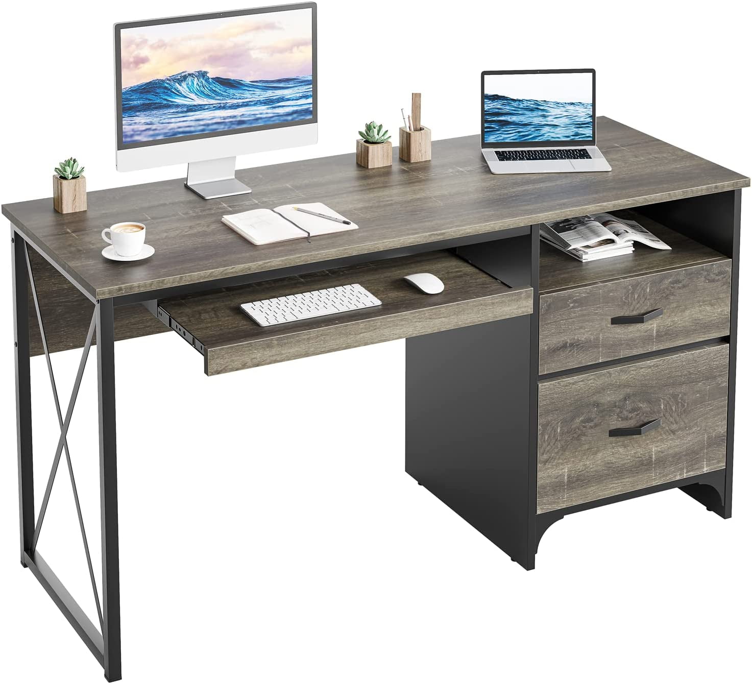 ONKER Office Desk with Drawers, 55 inch Industrial Computer Desk with ...
