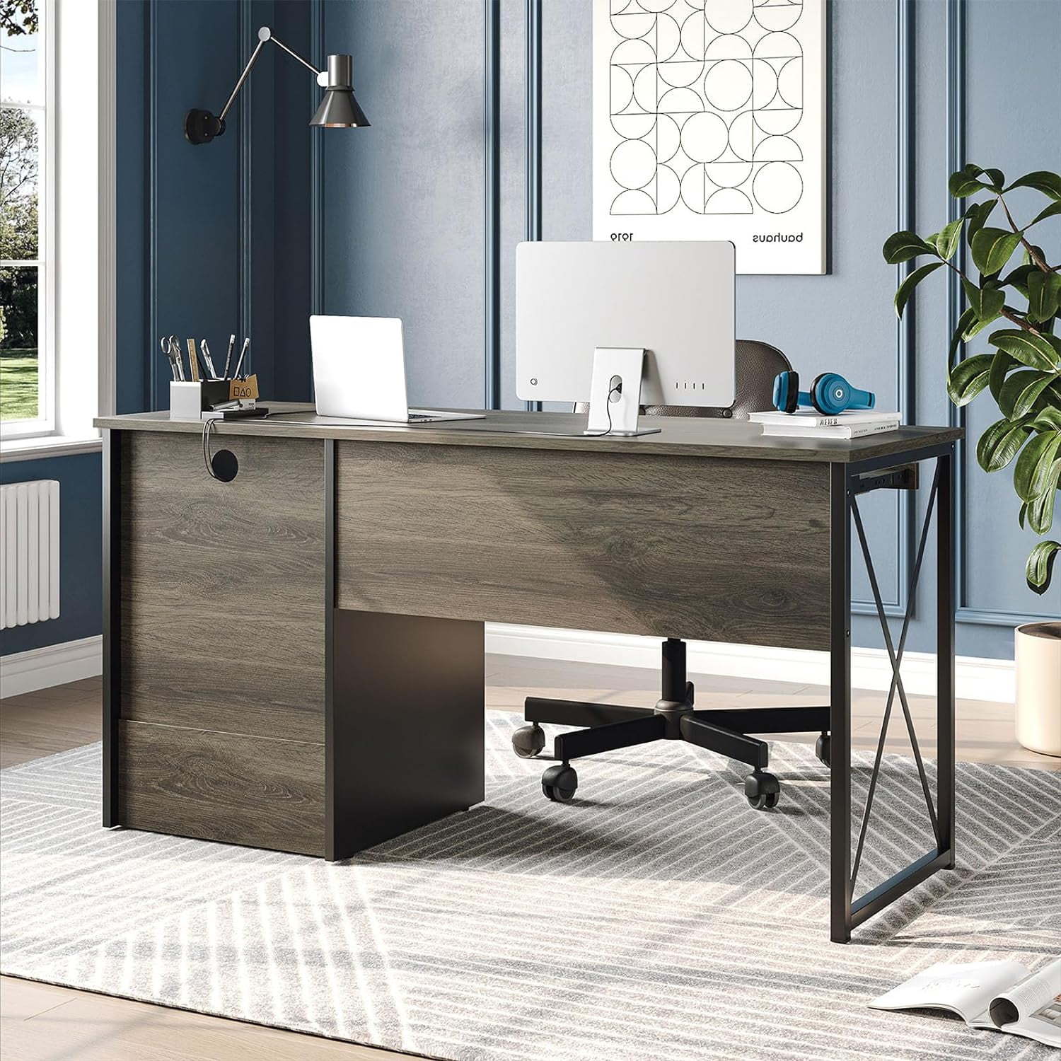 ONKER Office Desk with Drawers, 55 inch Industrial Computer Desk with ...