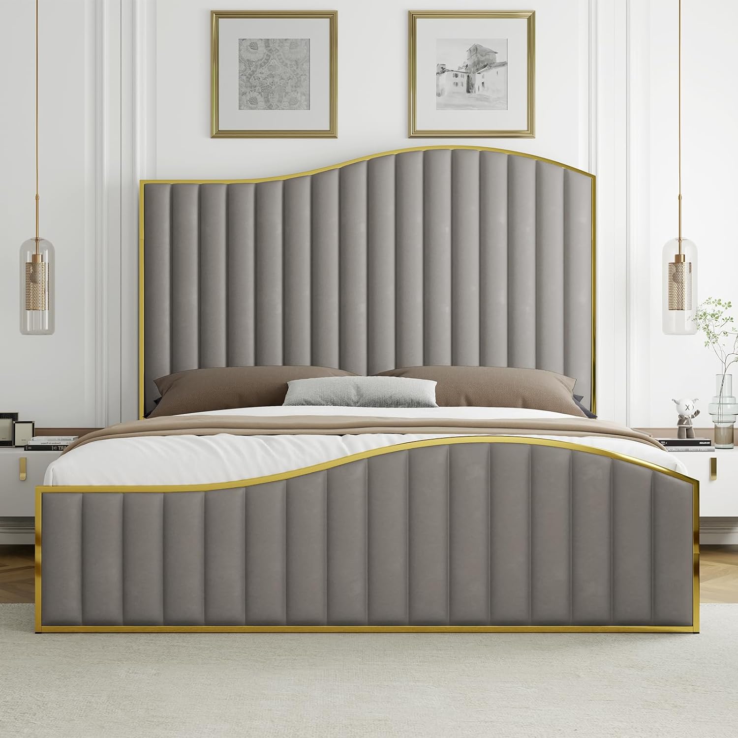 ONKER Queen Size Harp Bed Frame, Velvet Upholstered Platform Bed with ...