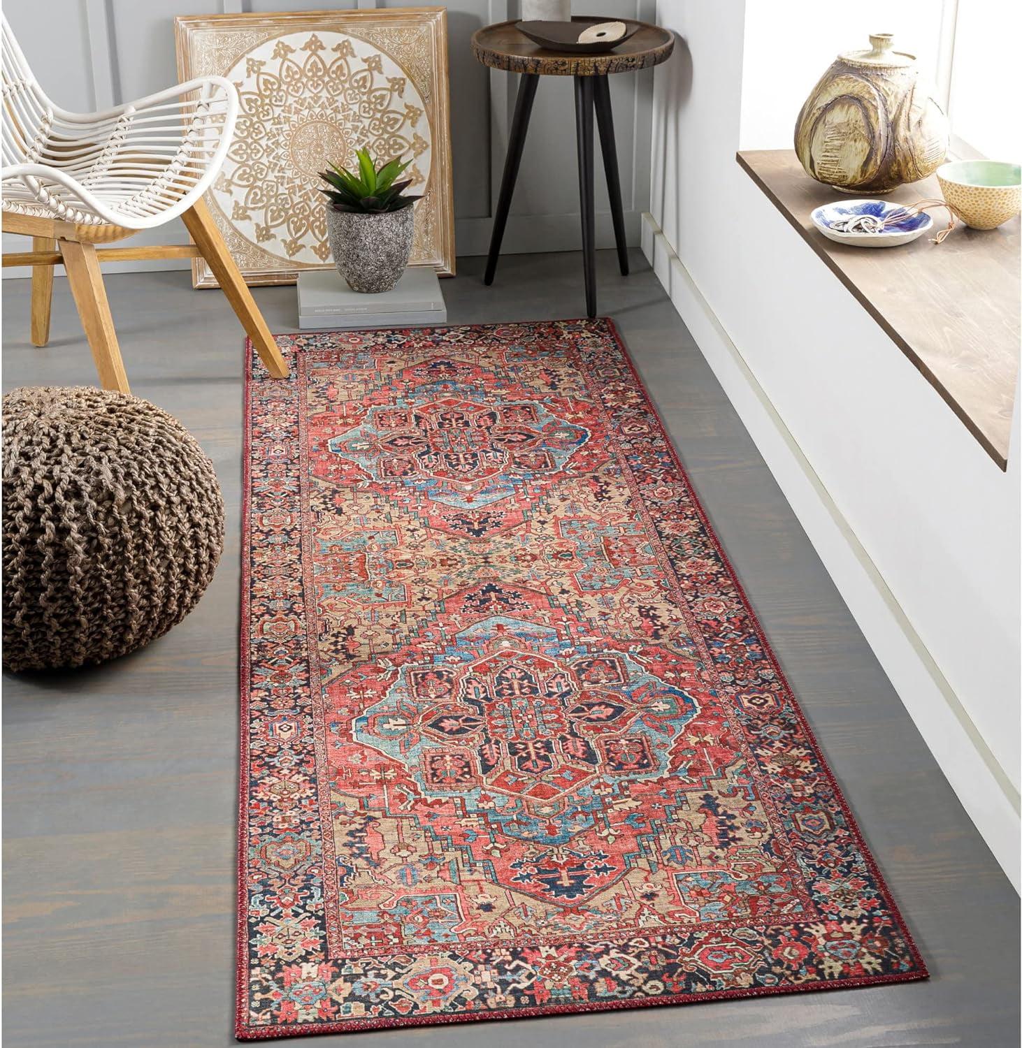 ONKER Reeta Printed Medallion Runner Area Rug,2'7" x 12',Bright Red ...