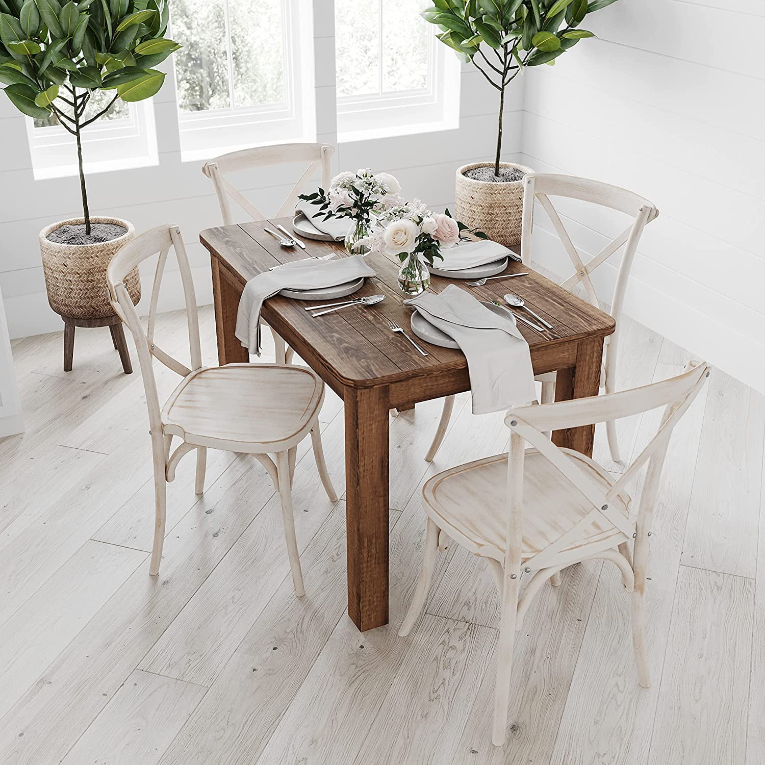 ONKER Rustic Brown Solid Wood Dining Table, Kitchen Table with Square ...