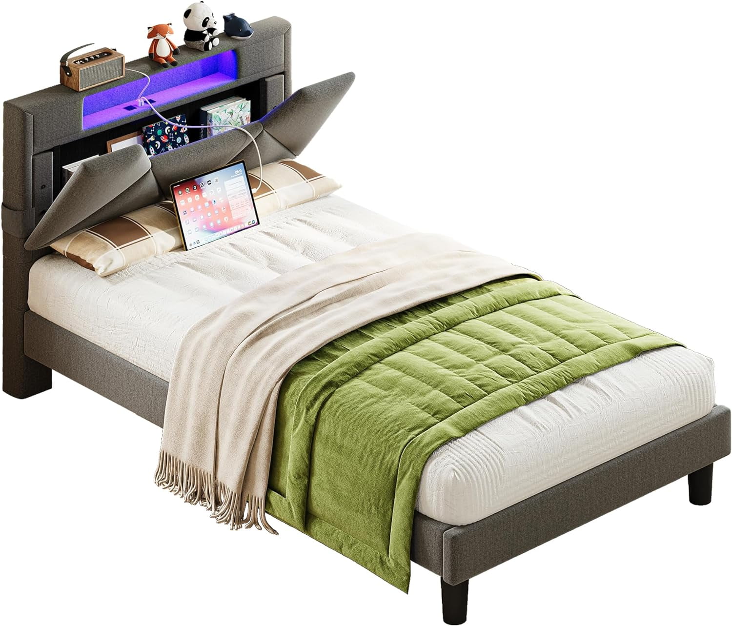 ONKER Twin Bed Frame with Storage Headboard and Charging Station, LED ...