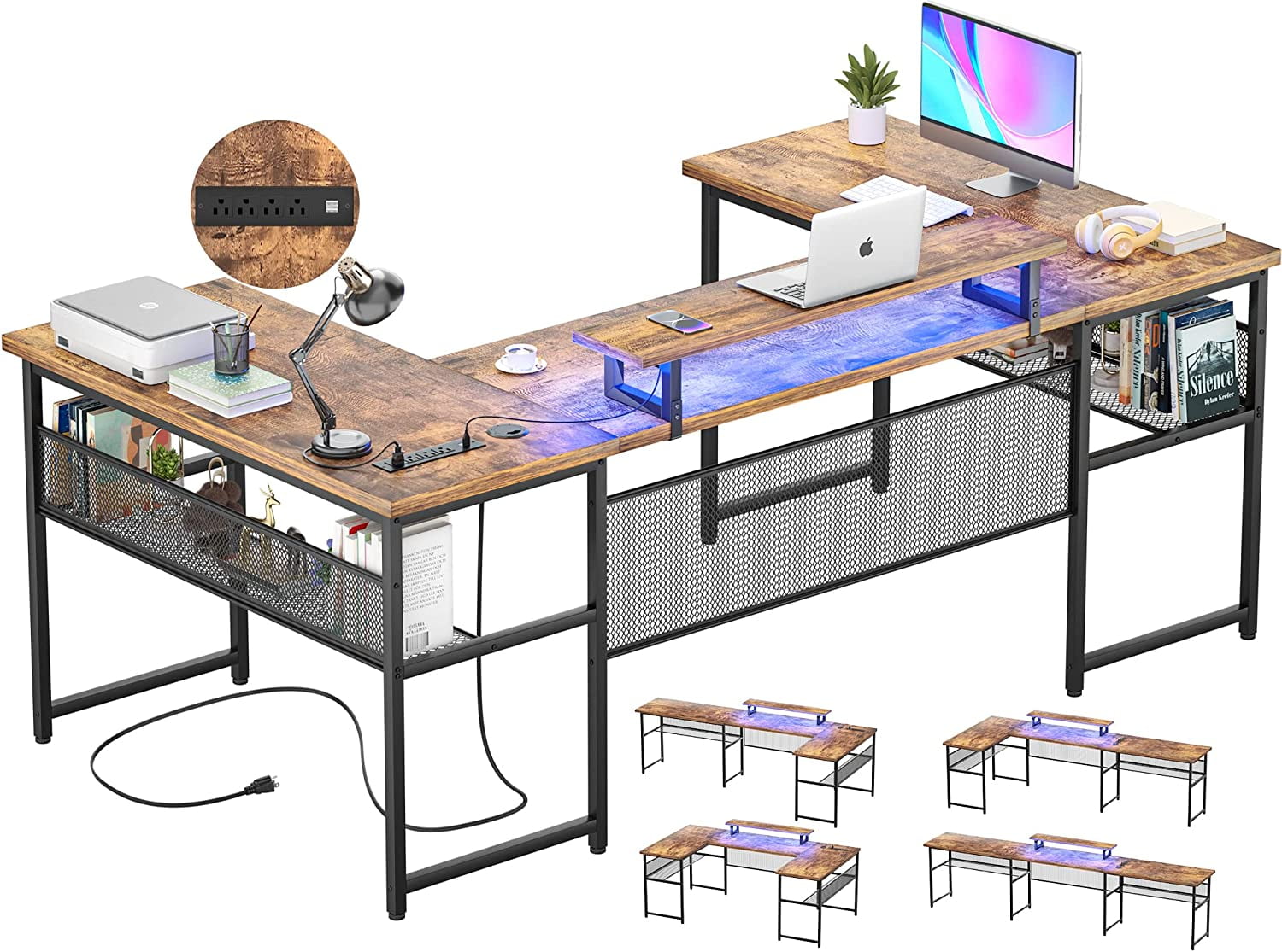 ONKER U Shaped Office Desk with Power Outlet and LED Strip, Reversible ...