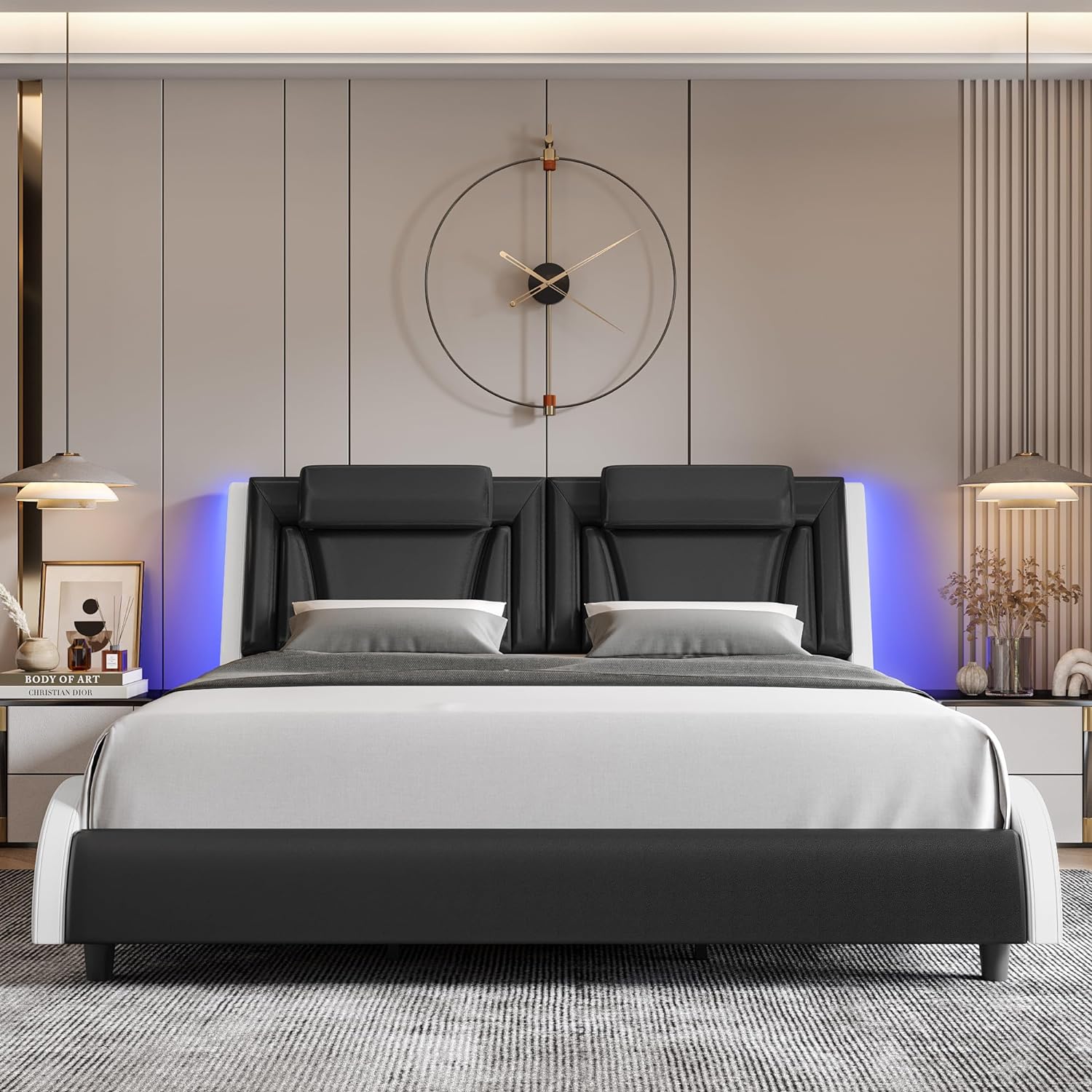 ONKER Upholstered Bed Frame with Adjustable LED Headboard, Pu Leather Platform Bed with Wave ...