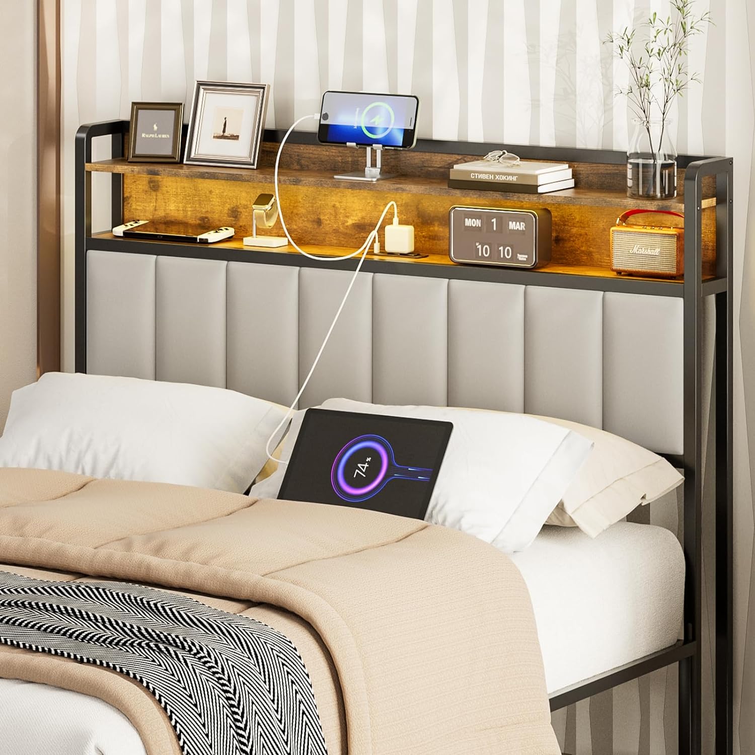 ONKER Upholstered Full Size Storage Headboard with LED Lights and ...