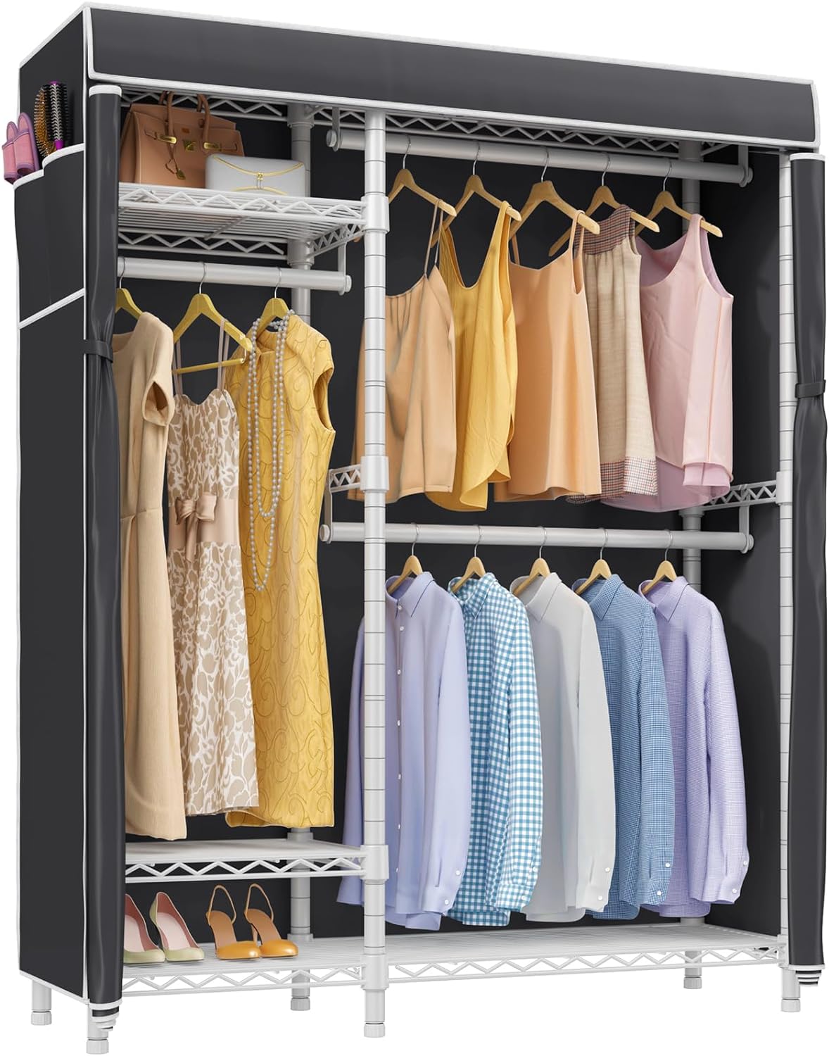 ONKER V2C Covered Clothes Rack with 3 Hanging Rods, White Heavy Duty ...