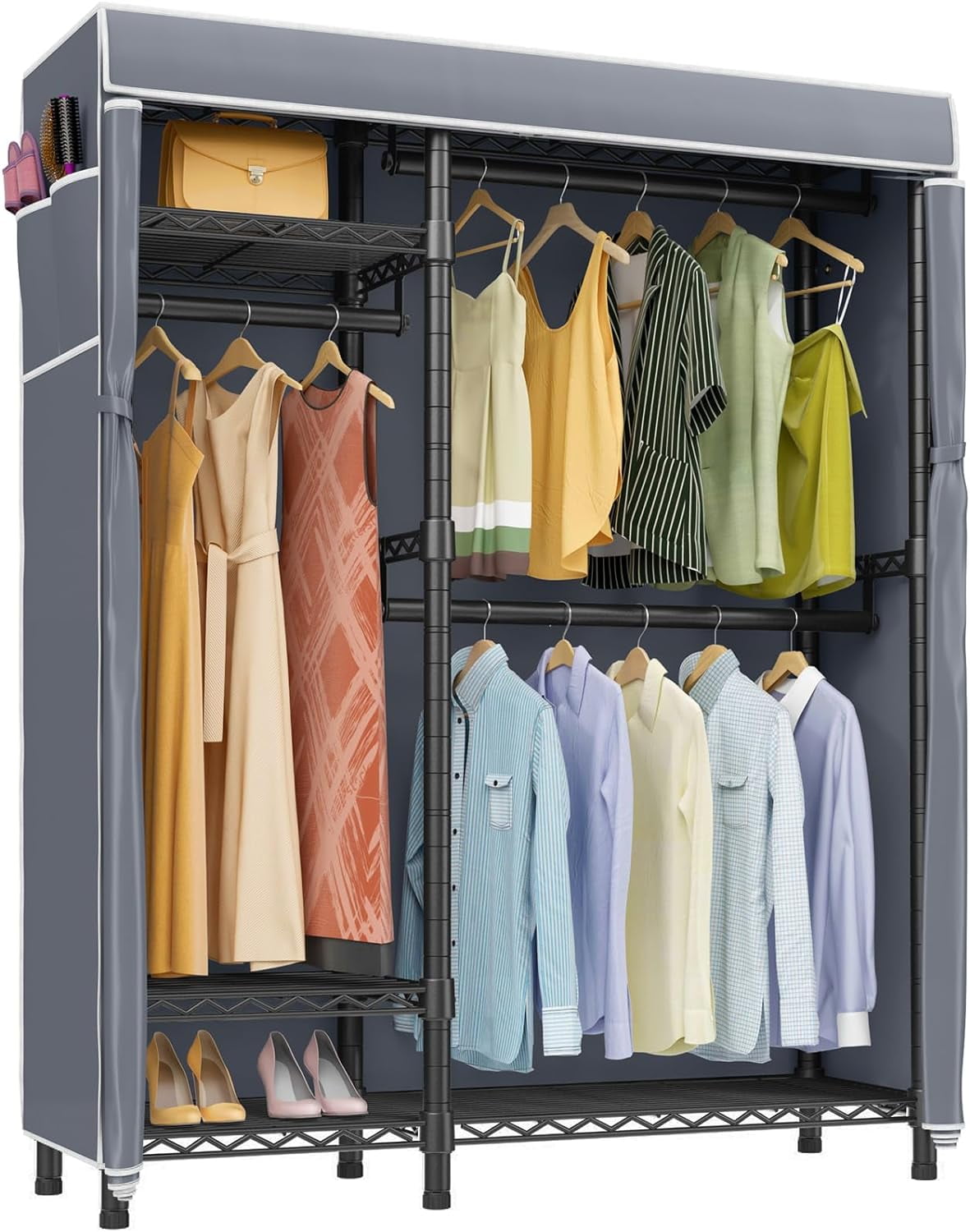 ONKER V2C Heavy Duty Covered Clothes Rack, Black Metal with Gray Oxford ...