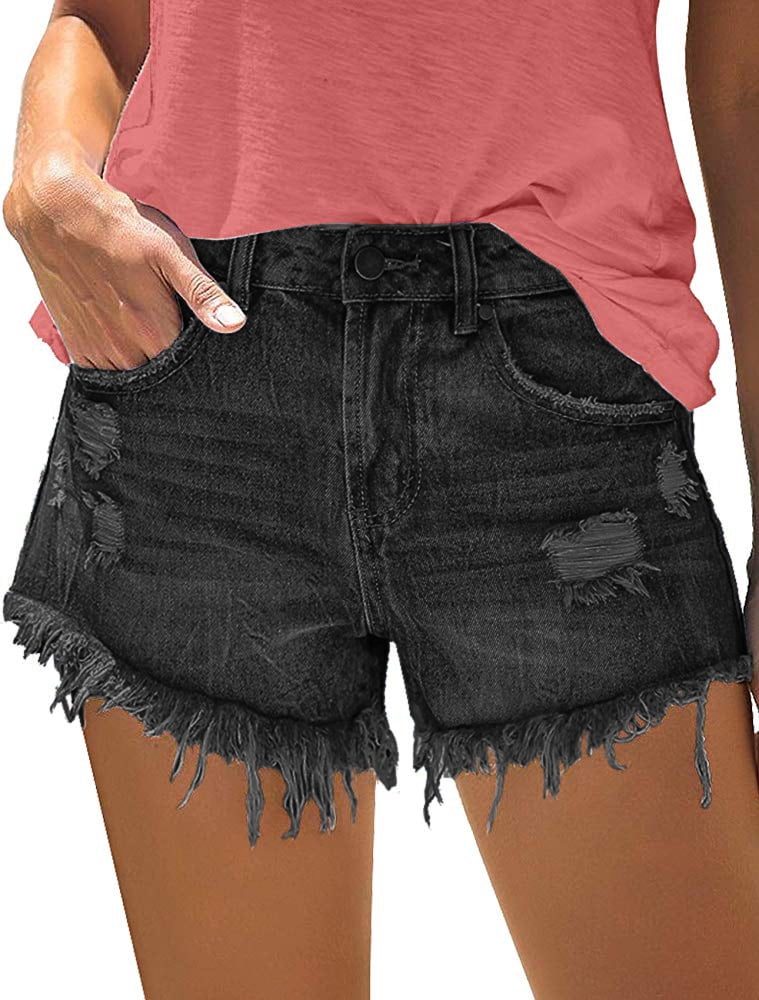 Onlyshe Womens Mid Rise Black Denim Shorts With Pockets Frayed Ripped