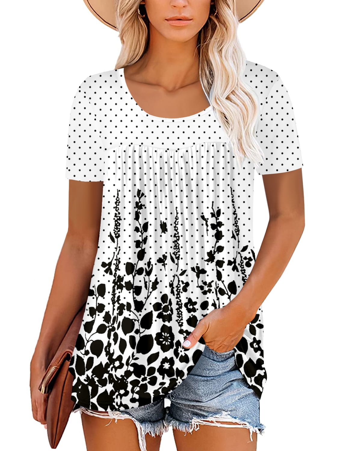 ONLYSHE Casual Loose Tunic Blouse Tops For Women Flared Short Sleeve T ...